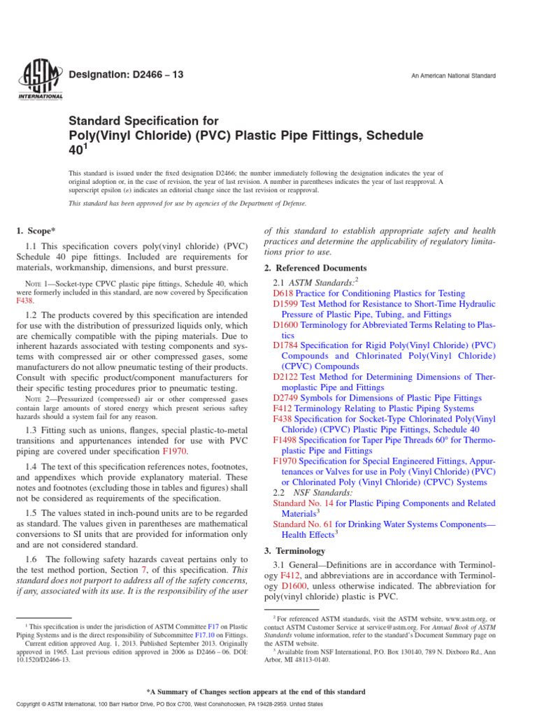 ASTM D2466-13-PVC Pipe Fittings, Schedule 40 | PDF | Pipe (Fluid ...
