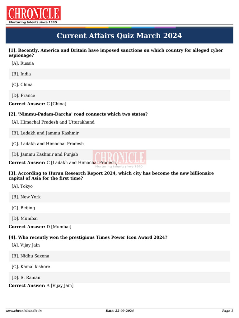 Current Affairs Quiz March 2024 | PDF