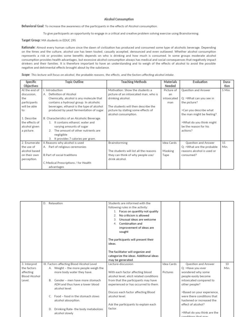 Alcohol Lesson Plan | PDF | Alcoholic Beverages | Alcoholism