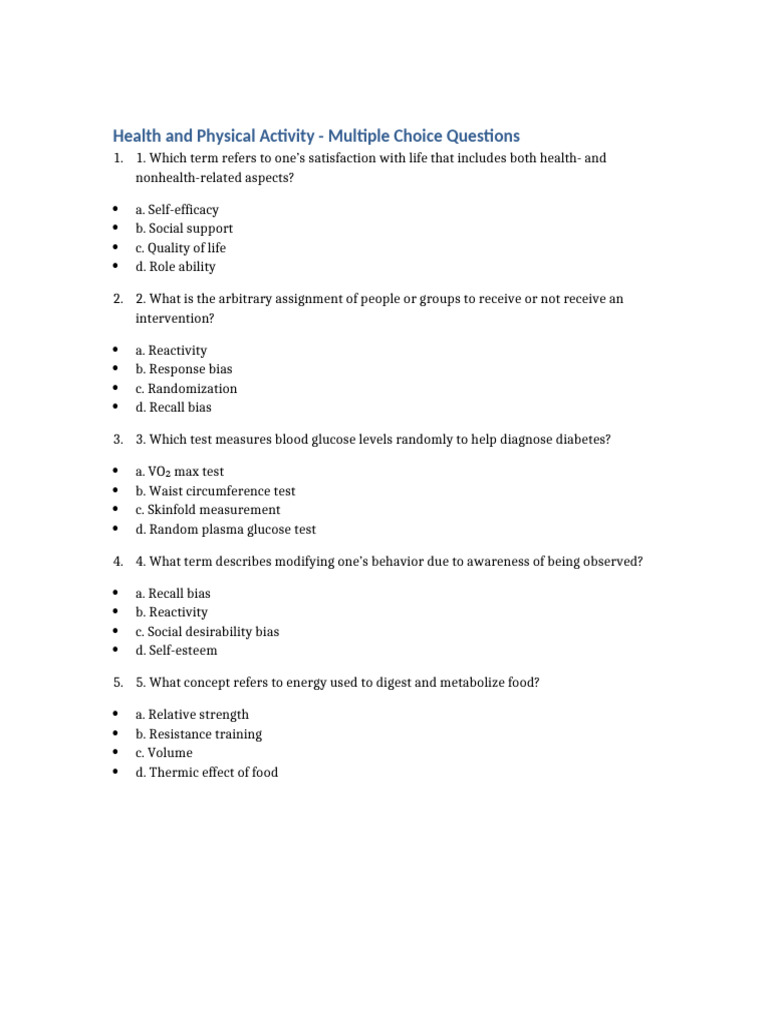 Health and Physical Activity MCQs | PDF