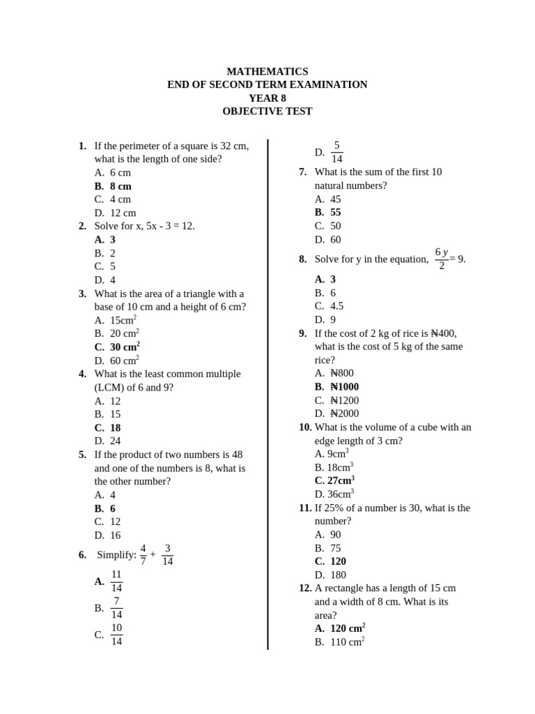 Yr 8 End of Second Term Examination Mathematics Year 8 | PDF ...