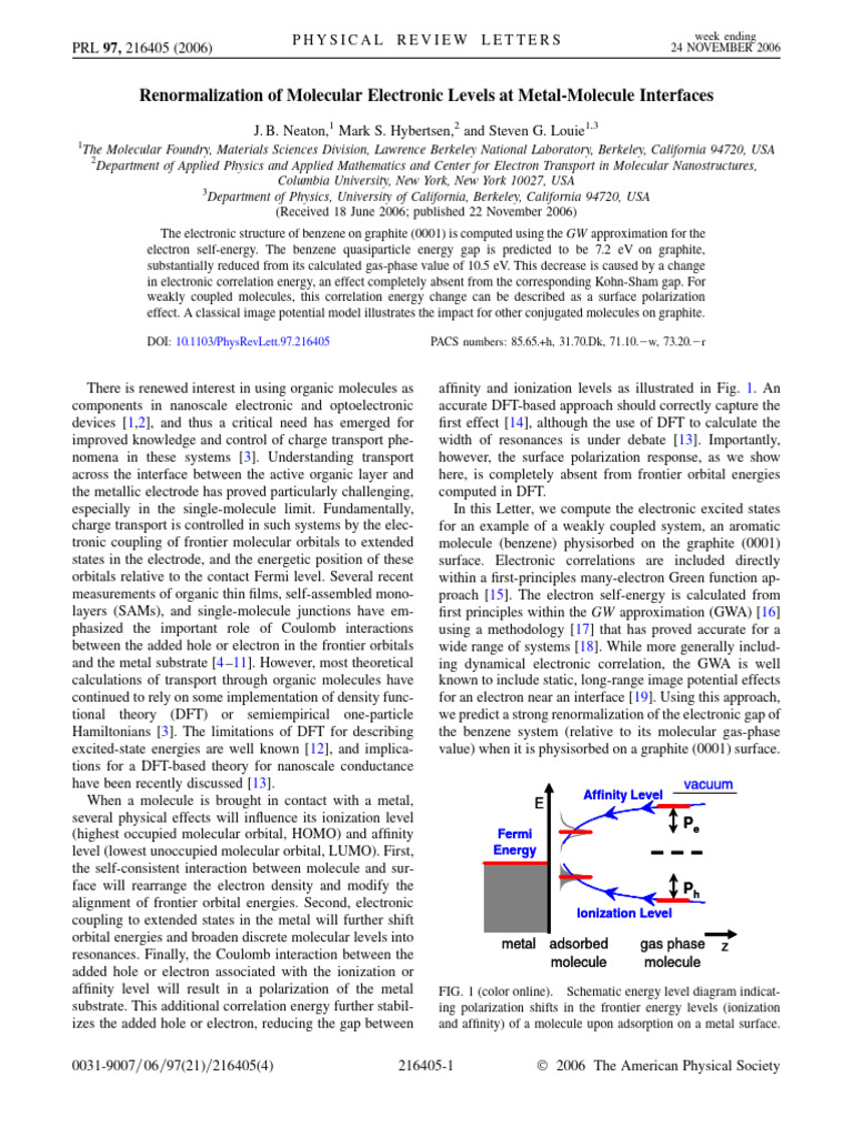 Renormalization of Molecular Electronic Levels at Metal-Molecule Interfaces | PDF | Density ...