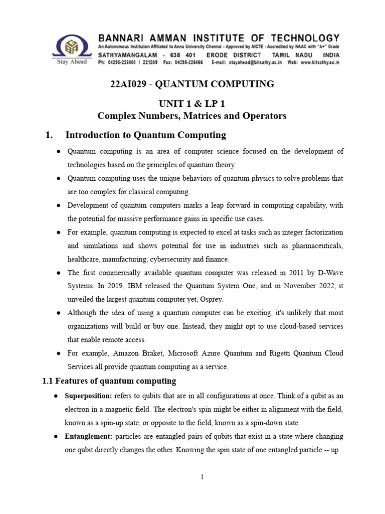 Quantum Computing Unit - 1 | PDF | Vector Space | Matrix (Mathematics)