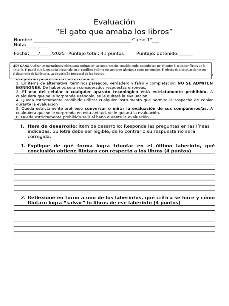 Evaluación Sobre El Gato Que Amaba Los Libros Pdf