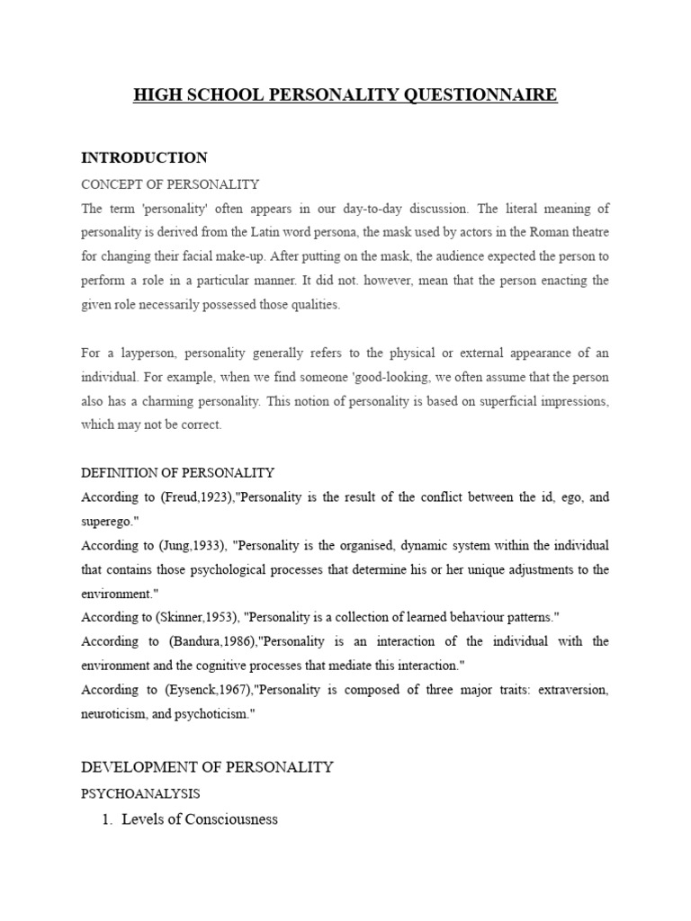 High School Personality Questionnaire Key | PDF | Psychology ...