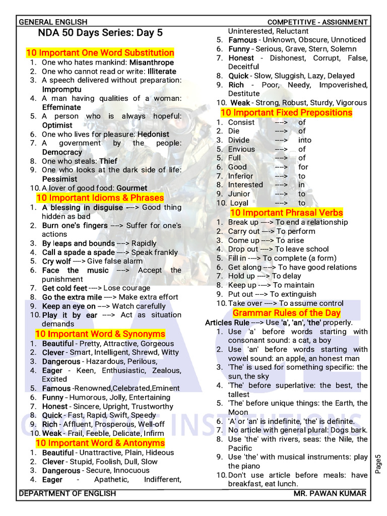NDA 50 Days English Practice Set) | PDF | Linguistics | Languages