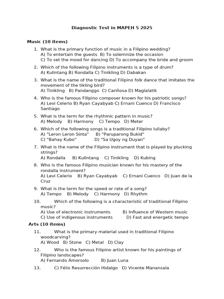 MAPEH 5 Diagnostic Test 2025 | PDF | Physical Fitness