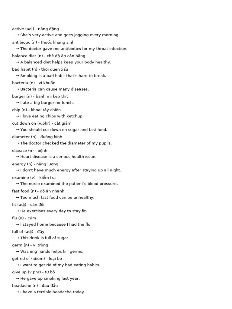 Health Vocabulary With Examples | PDF | Medical Specialties | Diseases ...