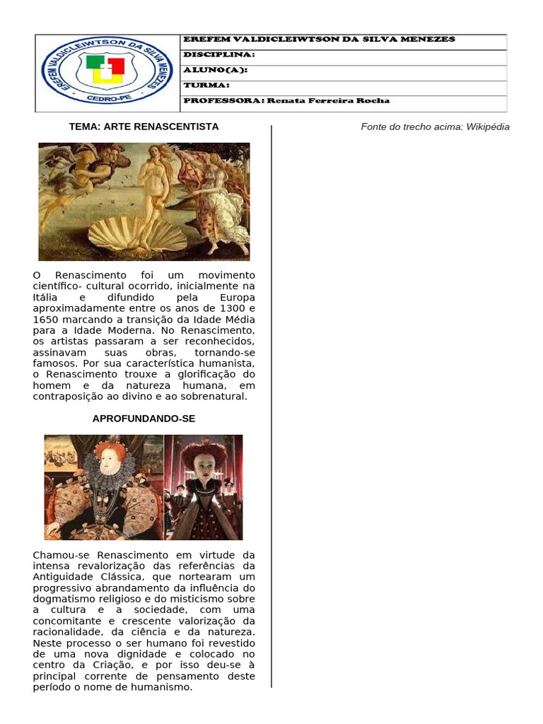 Atividade - Arte Renascentista | PDF | Renascimento | Pinturas
