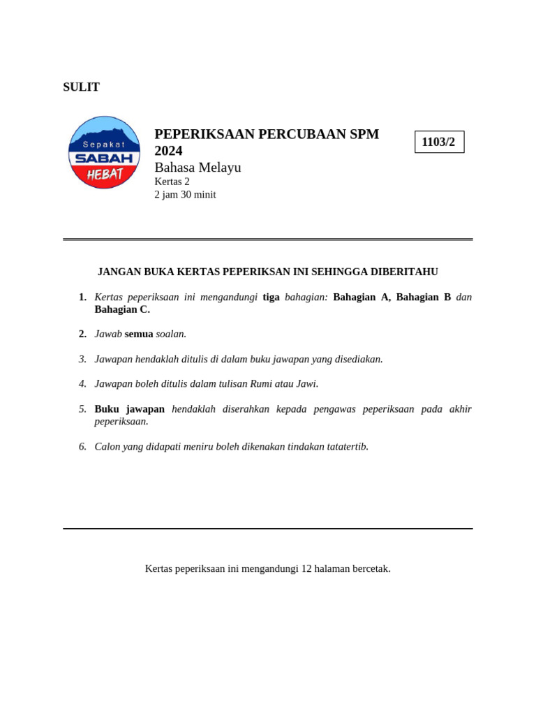 Soalan Percubaan SPM 2024 BM Kertas 2 | PDF