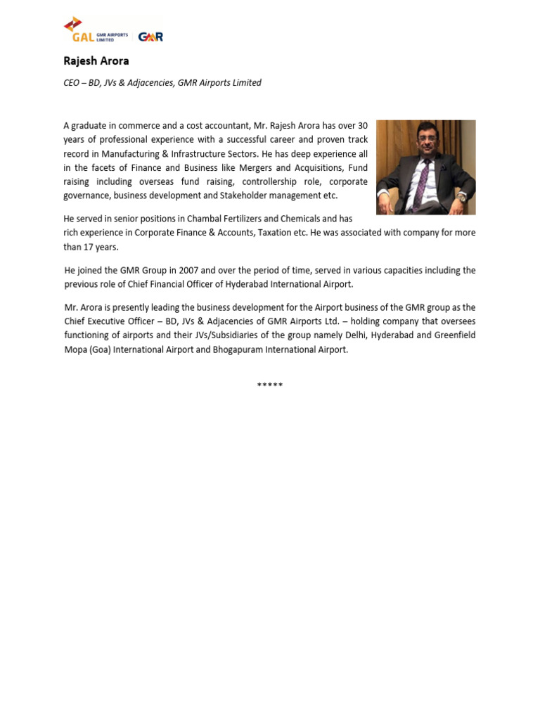 Rajesh Arora: CEO of GMR Airports Ltd. | PDF