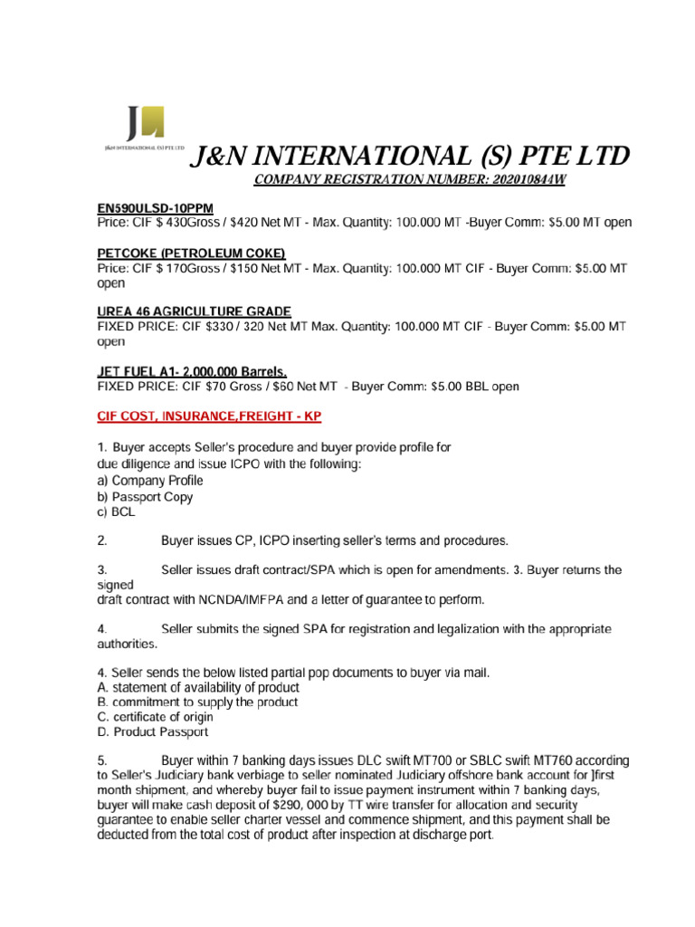 Cif SBLC+DLC - Fob RTM - En590 (10ppm) - Petcoke - Jet A1 - Urea - d6 ...
