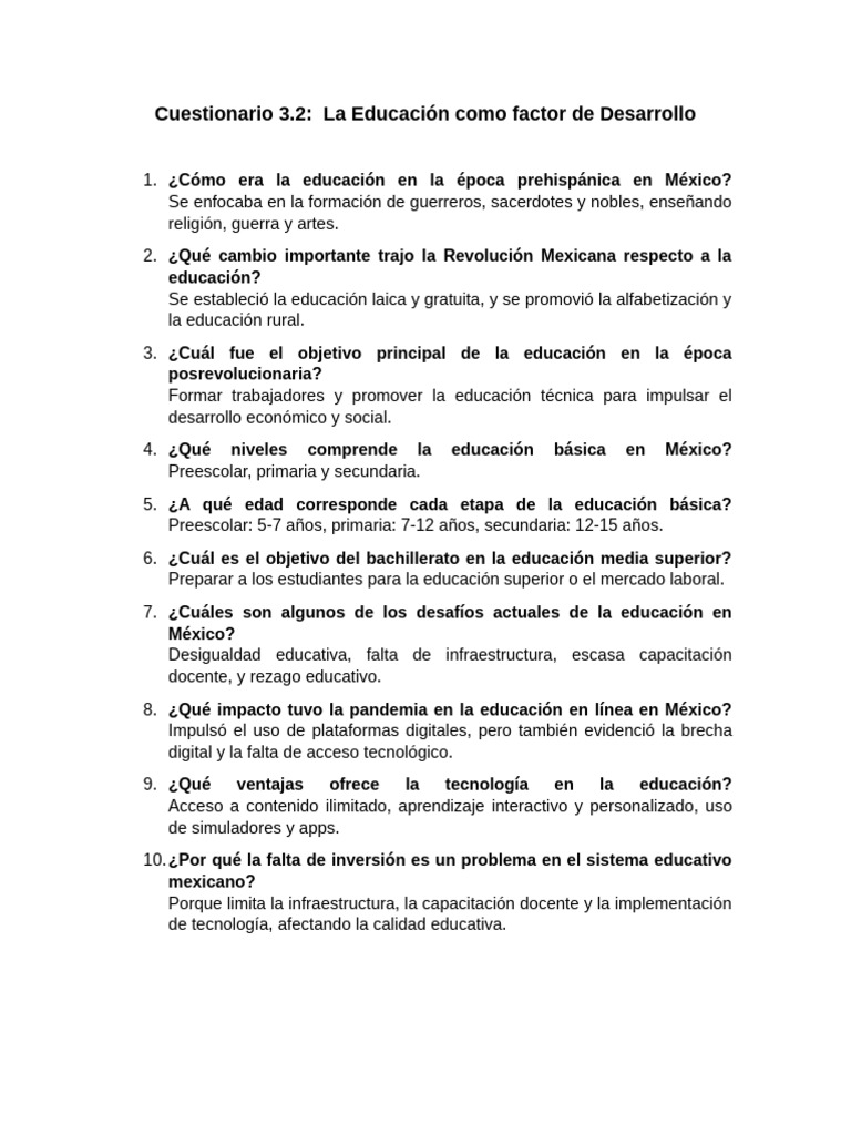 Respuestas Cuestionario 3.2 La Educación Como Factor de Desarrollo | PDF