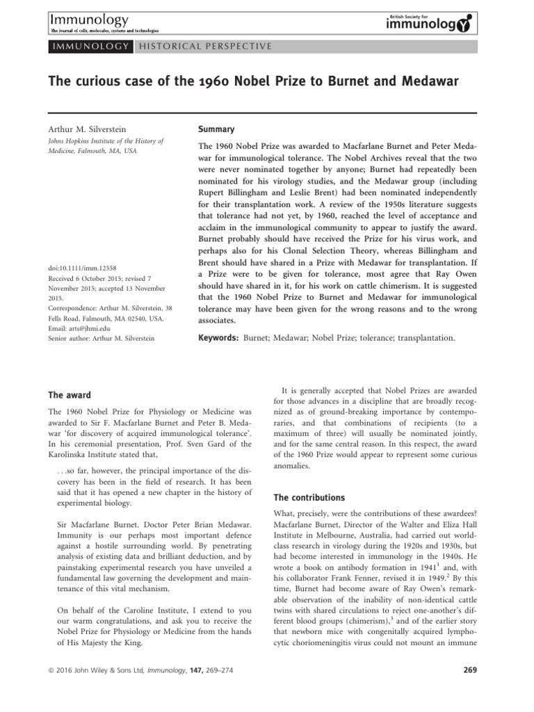 The Curious Case of The 1960 Nobel Prize To Burnet and Medawar | PDF ...