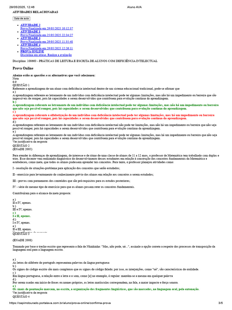 Aluno AVA 2 PRÁTICAS DE LEITURA E ESCRITA DE ALUNOS COM DEFICIÊNCIA INTELECTUAL | PDF | Inclusão ...