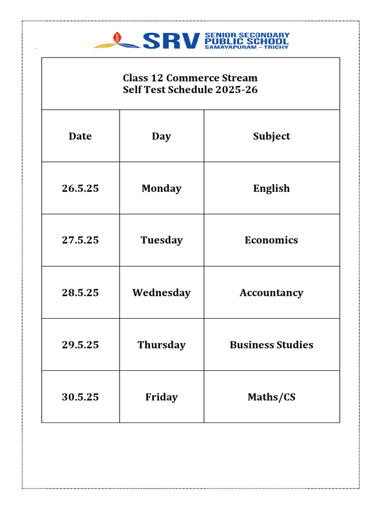 Class 12 Commerce Stream Self Test Schedule | PDF