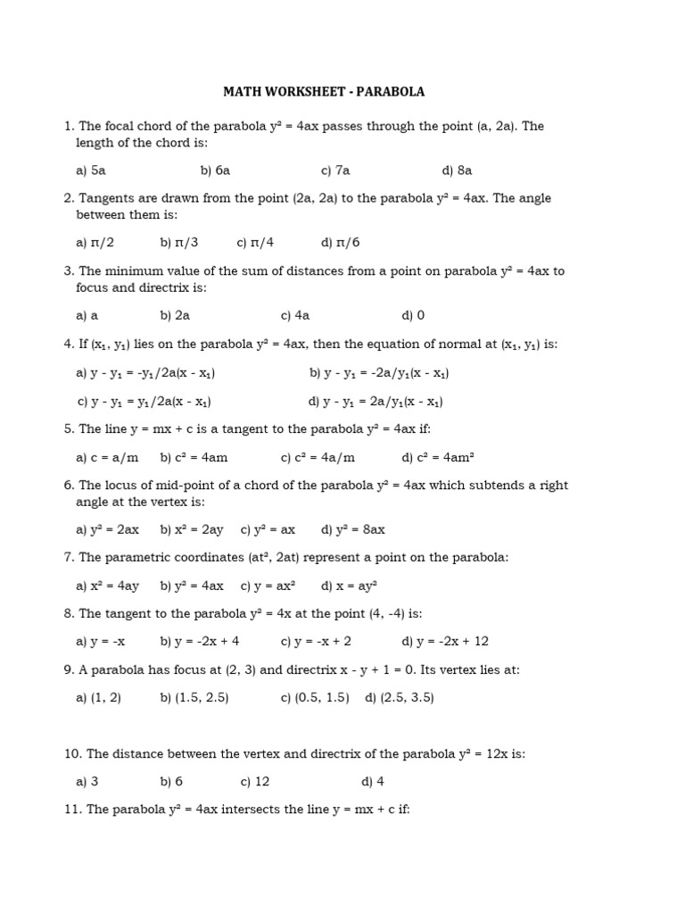 Math Worksheet - 2 Parabola | PDF | Classical Geometry | Differential ...