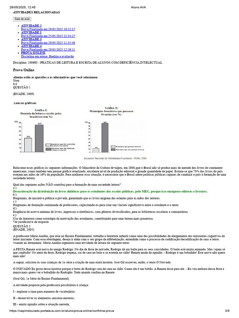 Aluno AVA 1,1 PRÁTICAS DE LEITURA E ESCRITA DE ALUNOS COM DEFICIÊNCIA INTELECTUAL | PDF ...