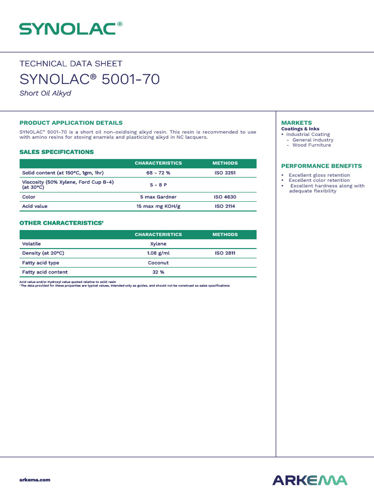 Synolac 5001-70 Sales Specifications | PDF | Chemical Substances ...
