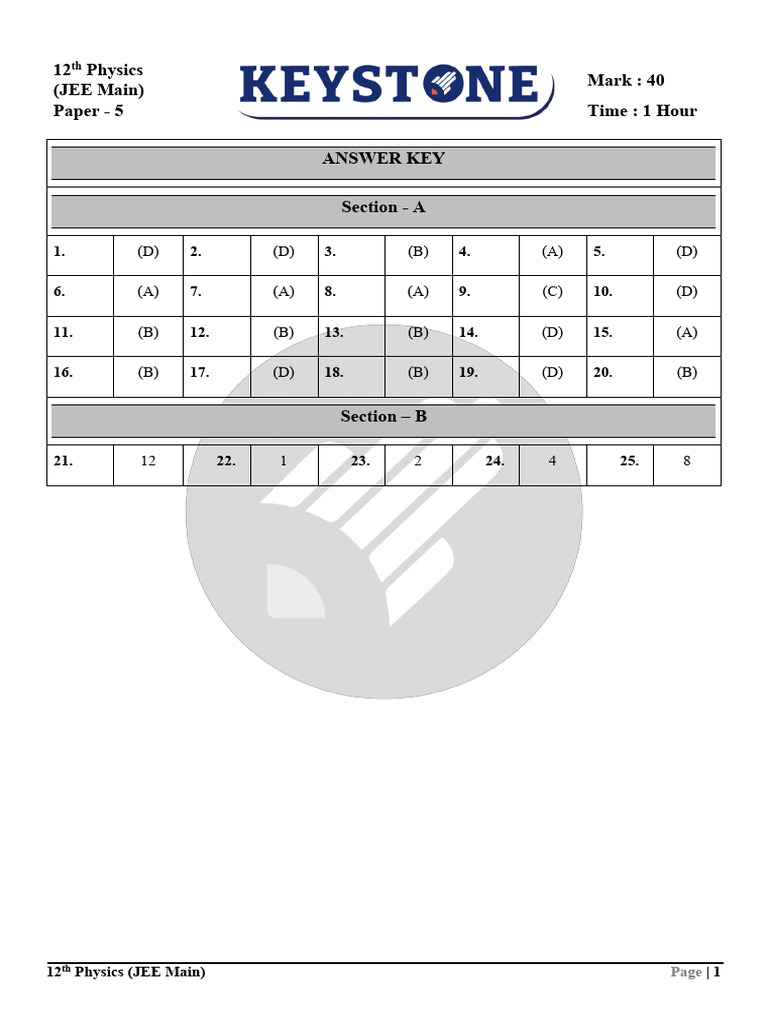 12th - JEE Main - PCM - Paper-5 - Answer Key-1 | PDF | Chess Theory | Chess