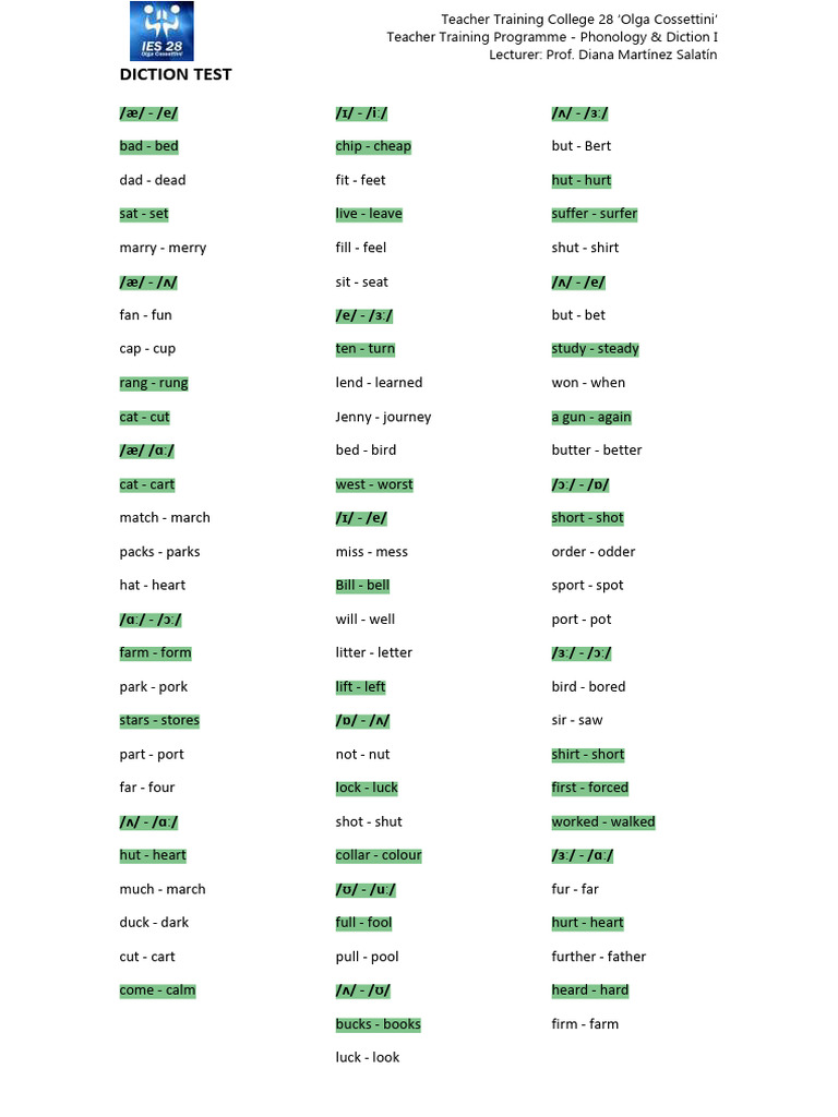 Diction Test for Phonology Course | PDF