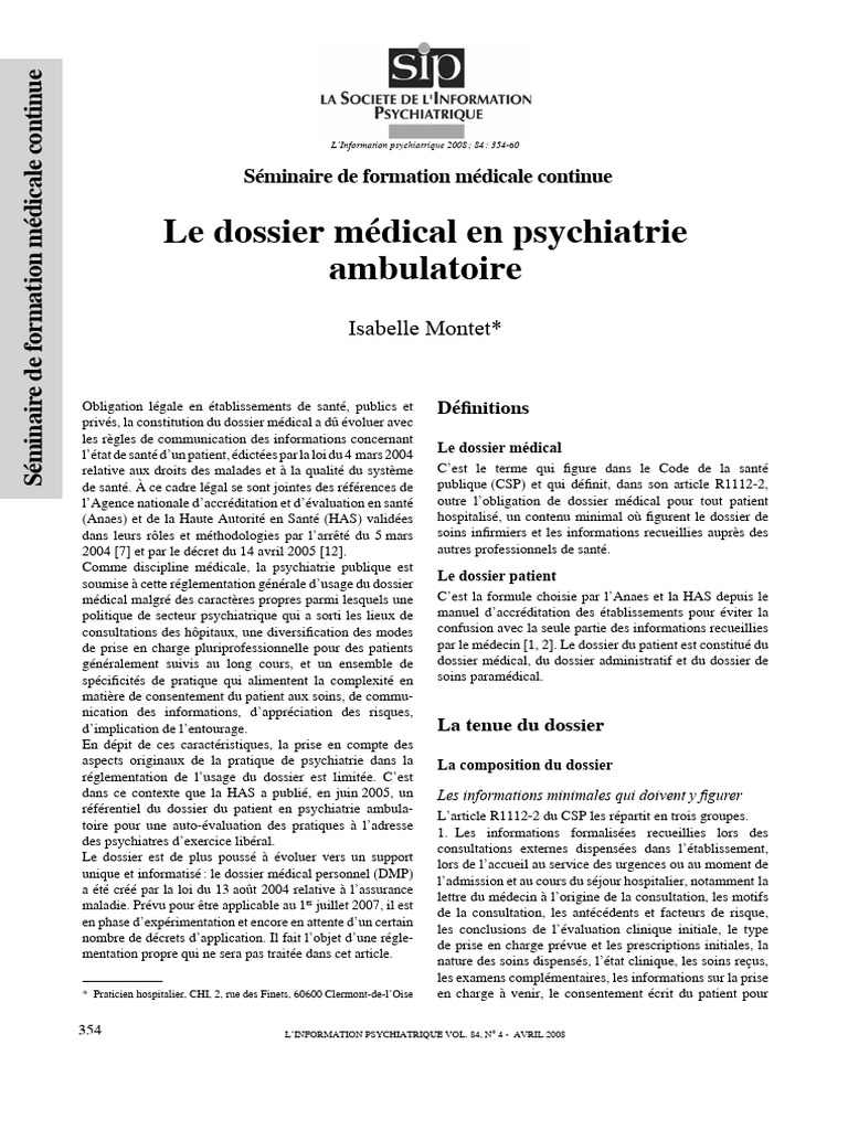 Dossier médical en psychiatrie ambulatoire | PDF | Psychiatrie ...