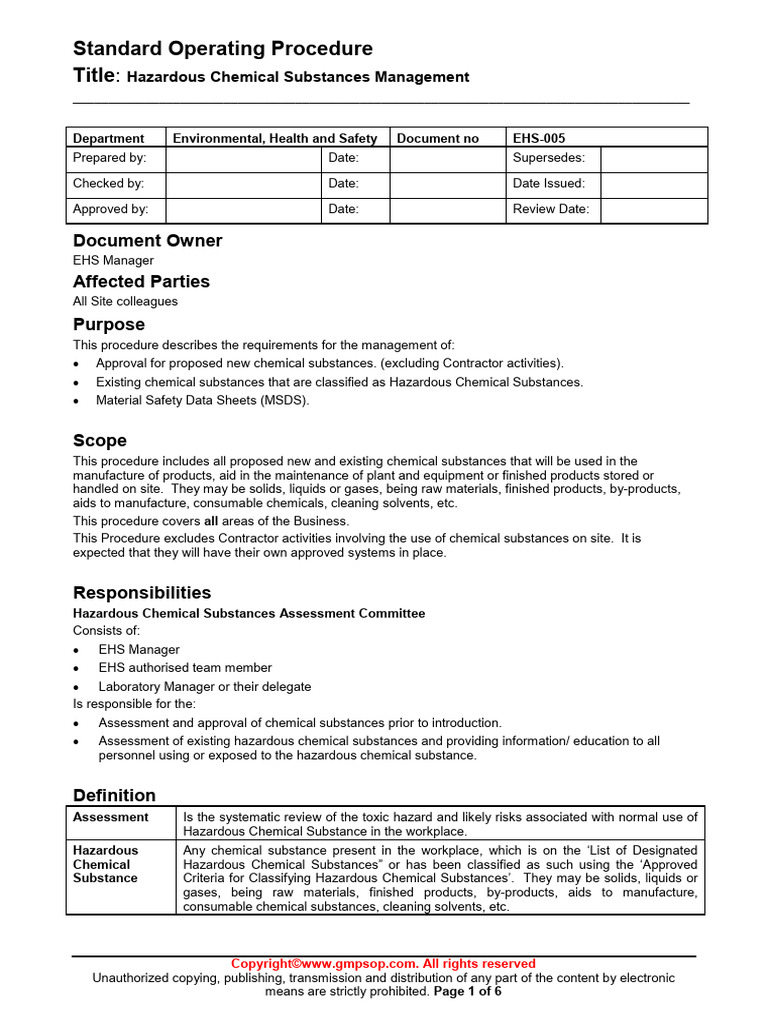 EHS 005 Hazardous Chemical Substance Management Sample | PDF ...