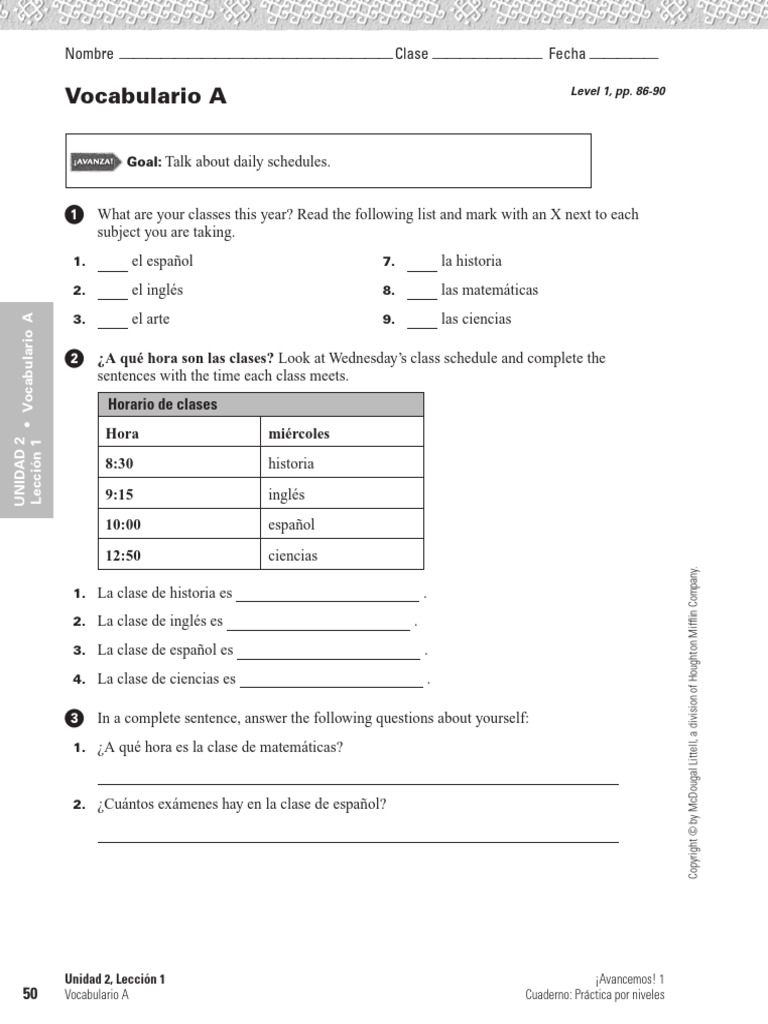 Actividades y horarios escolares en español | PDF