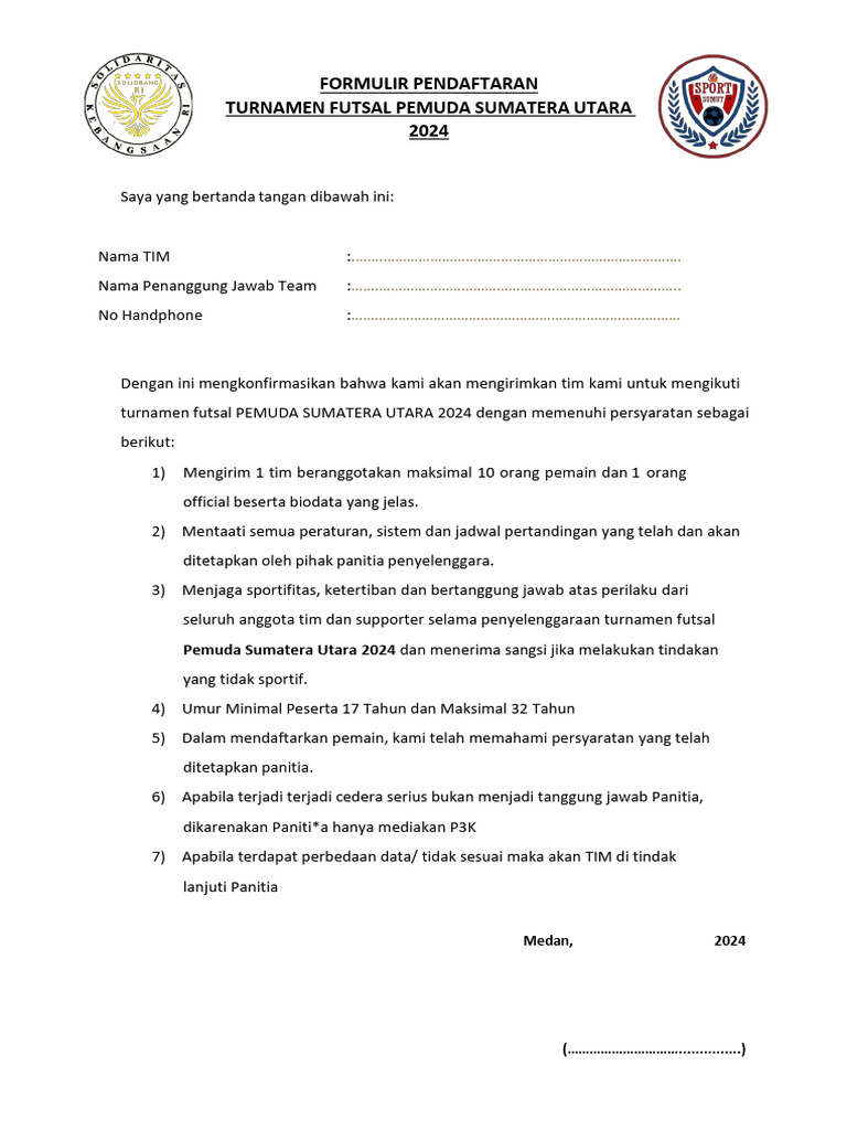 Formulir Pendaftaran Turnamen Futsal 2024 | PDF
