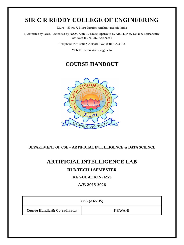 AI Lab Syllabus for B.Tech CSE 2025-26 | PDF | Artificial Intelligence ...