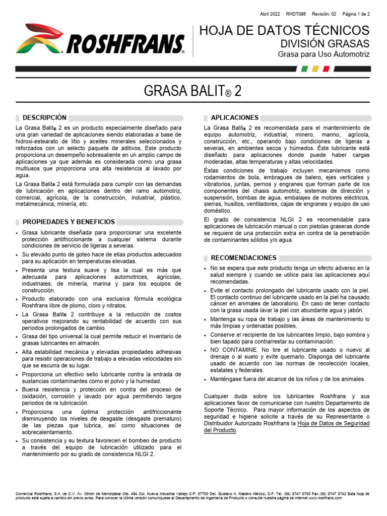 Grasa Lubricante Automotriz Ficha Tecnica | PDF | Lubricante