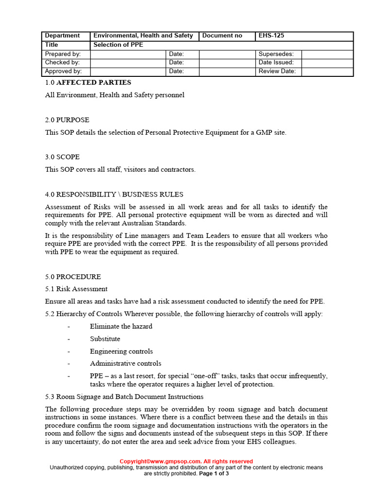 EHS 125 Selection of Personal Protective Equipments Sample | PDF