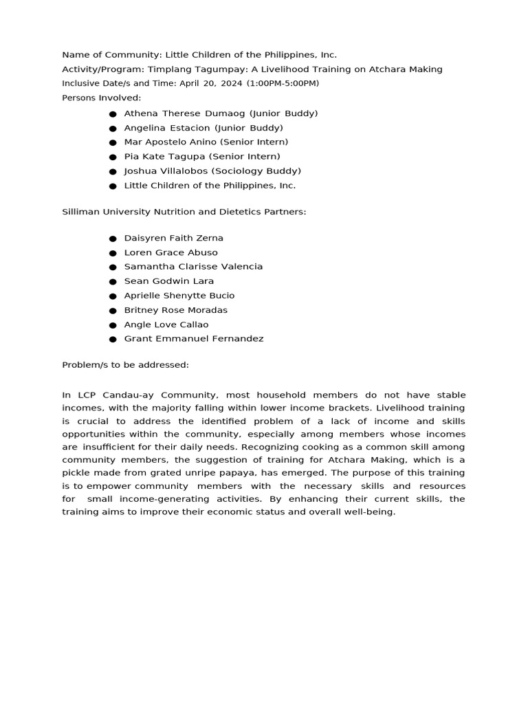 Atchara Making Livelihood Training 2024 | PDF | Foods