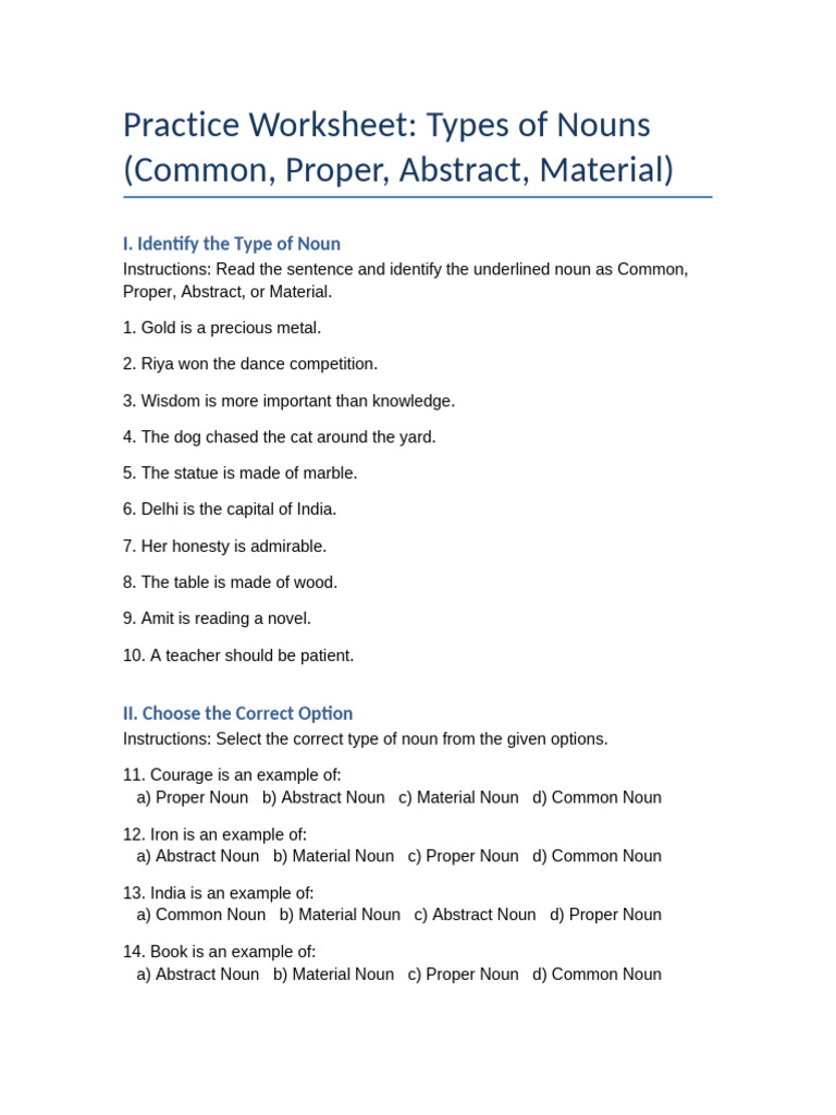 Types of Nouns Practice Worksheet | PDF
