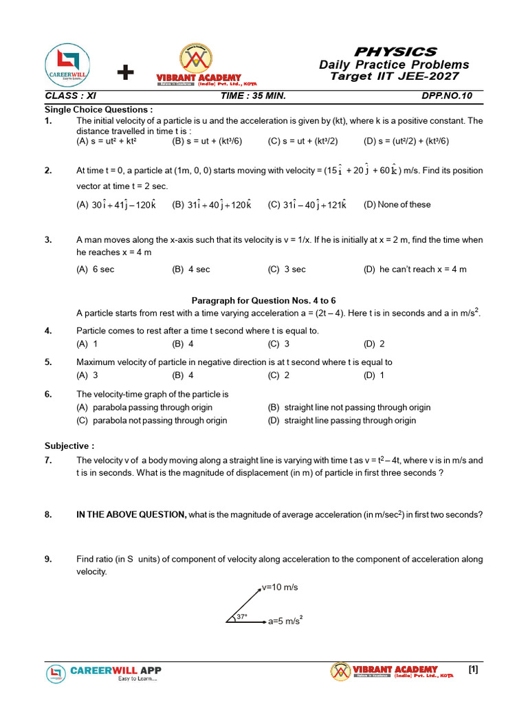 4-Physics XI DPP (10-12) Careerwill Without | PDF | Velocity | Acceleration