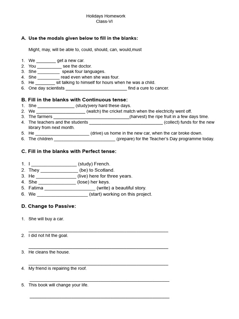Holidays Homework Class VI | PDF