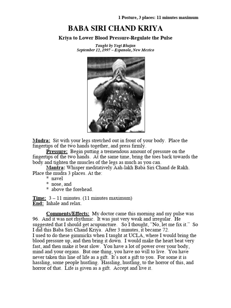 Baba Siri Chand Kriya for Blood Pressure | PDF