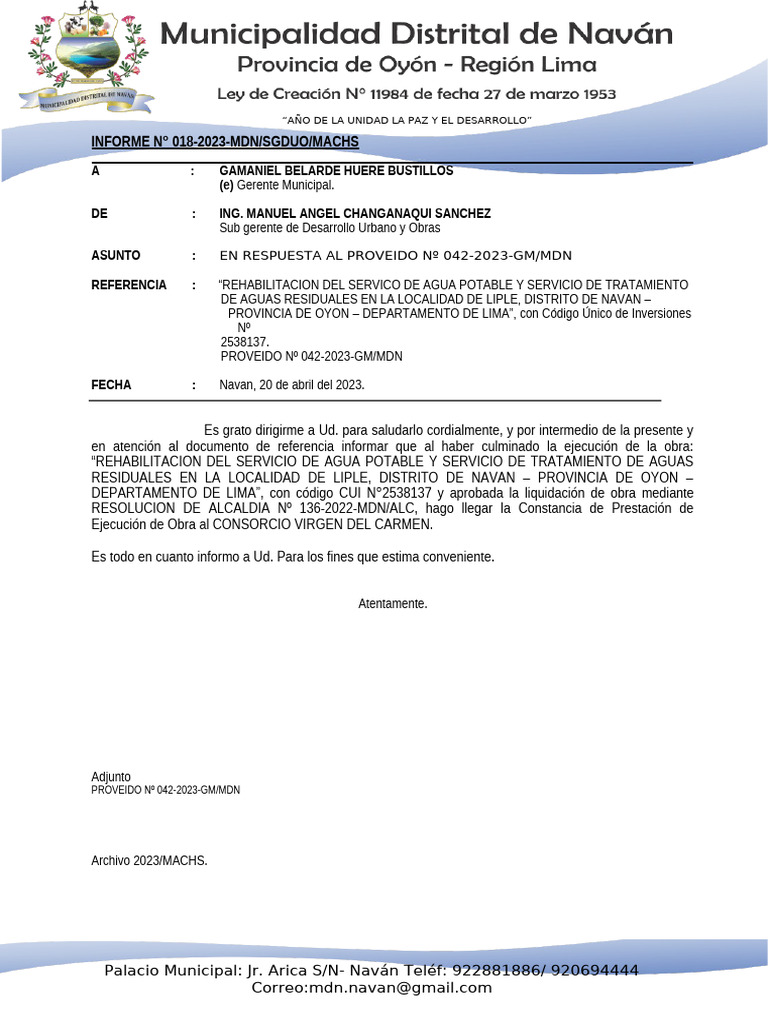 Informe #018-2023 - Constancia de Prestacion de Obra Serv. Agua y Ptar ...