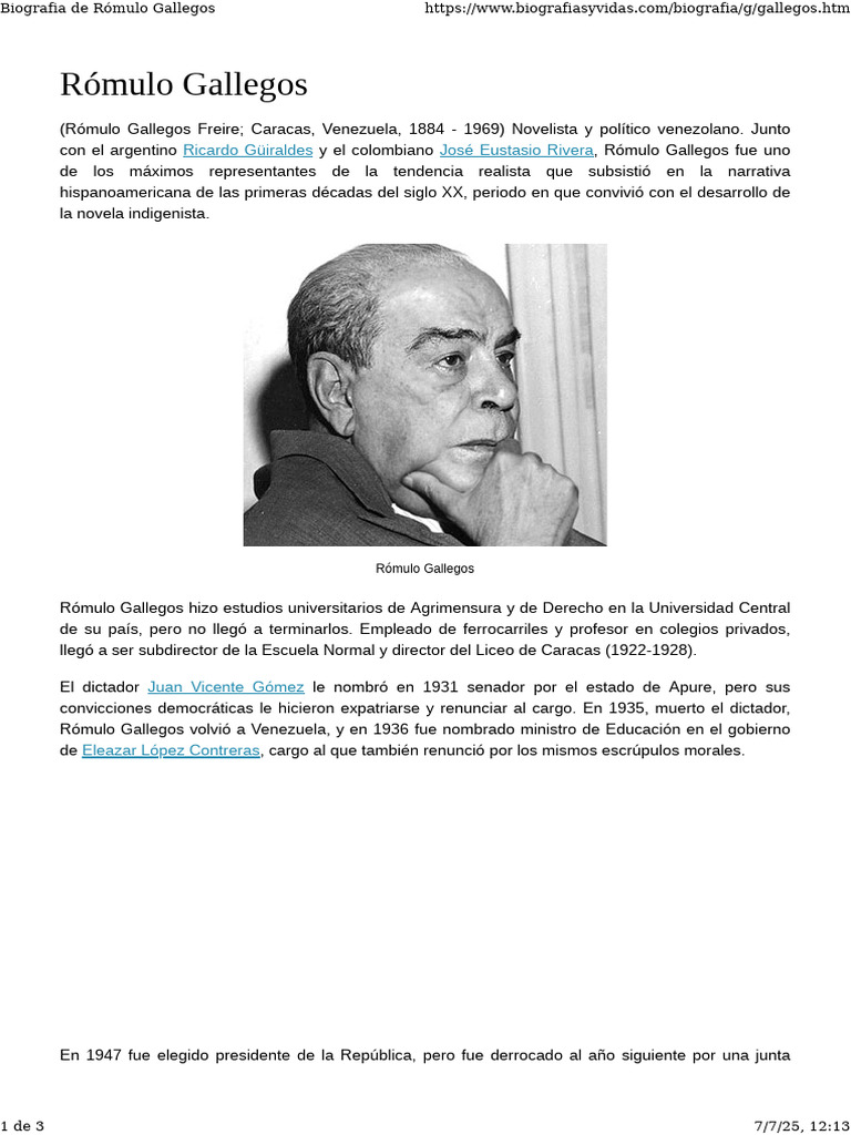 Biografía de Rómulo Gallegos | PDF | Venezuela