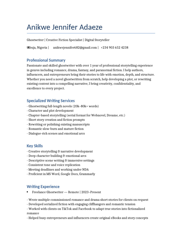 Upwork Ghostwriting Resume Anikwe Jennifer | PDF | Romance Novels | Narrative