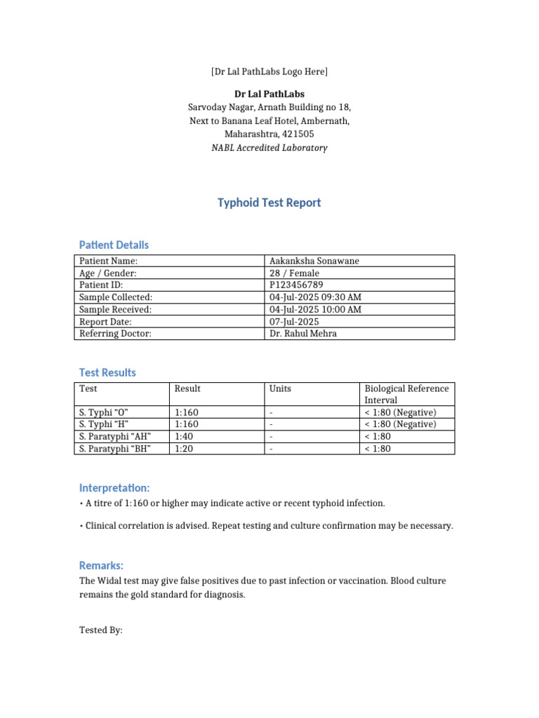 Typhoid Test Report for Aakanksha Sonawane | PDF