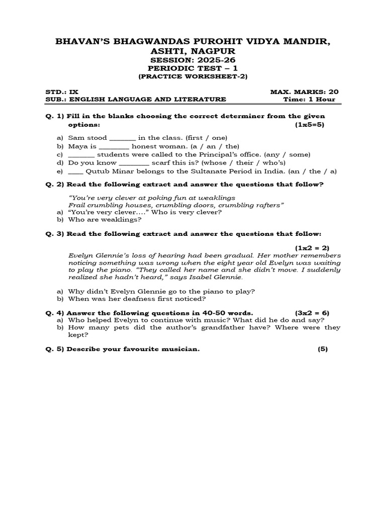 Class IX English (PT-1) Worksheet-2 (2025-26) | PDF