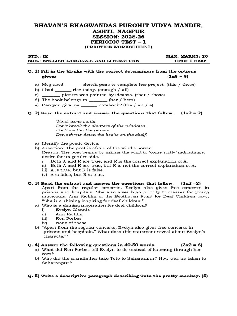 Class IX English (PT-1) Worksheet-1 (2025-26) | PDF