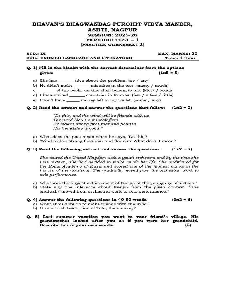Class IX English (PT-1) Worksheet-3 (2025-26) | PDF
