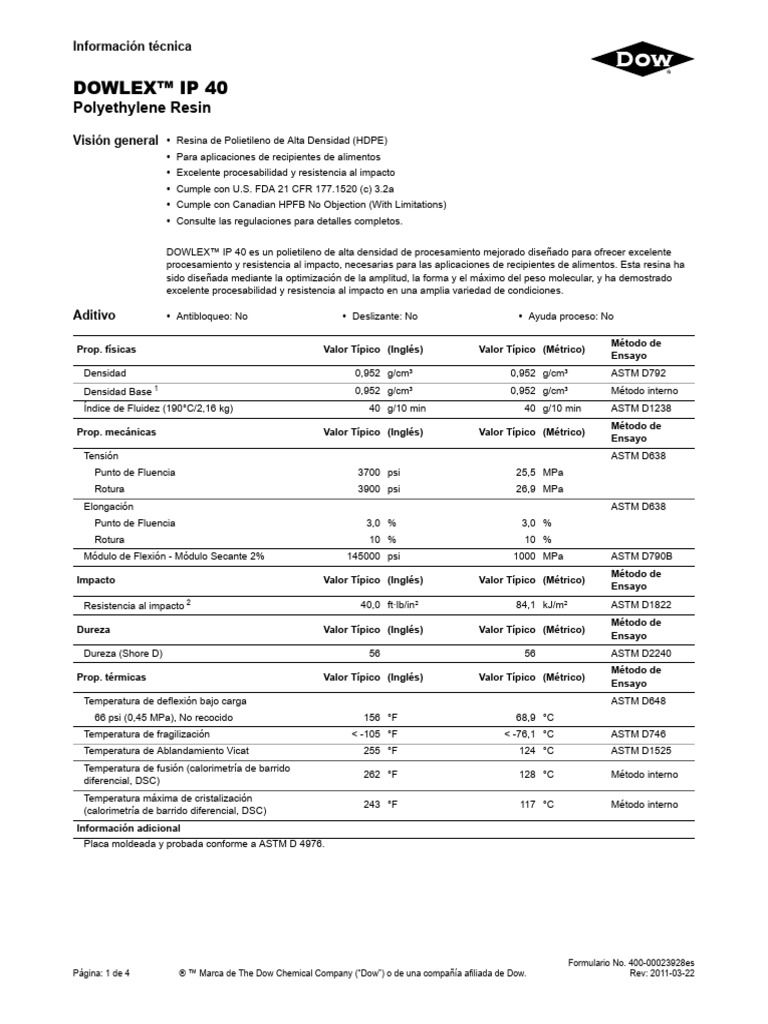 Resina DOWLEX™ IP 40 para Alimentos | PDF | Ciencia de los Materiales ...