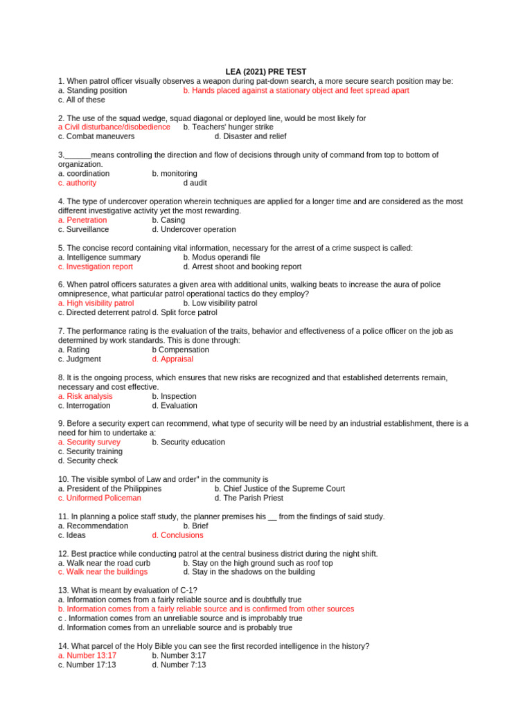 LEA 2021 Pre-Test for Police Training | PDF | Police | Crimes
