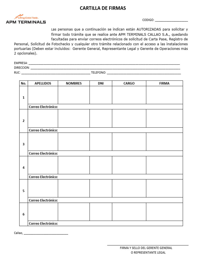 Hoja de Firmas Autorizadas APM Terminals | PDF