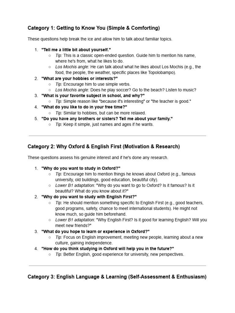 Interview Sample Questions | PDF | English Language | Linguistics