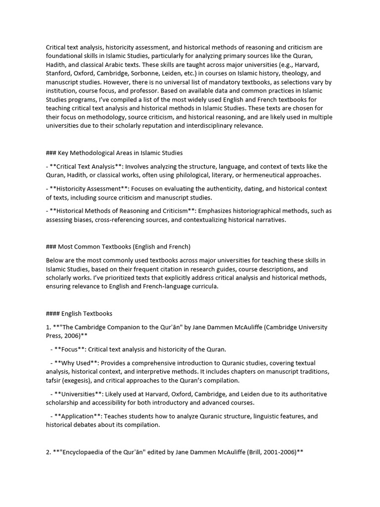 Critical Text Analysis in Islamic Studies | PDF | Quran | Islam