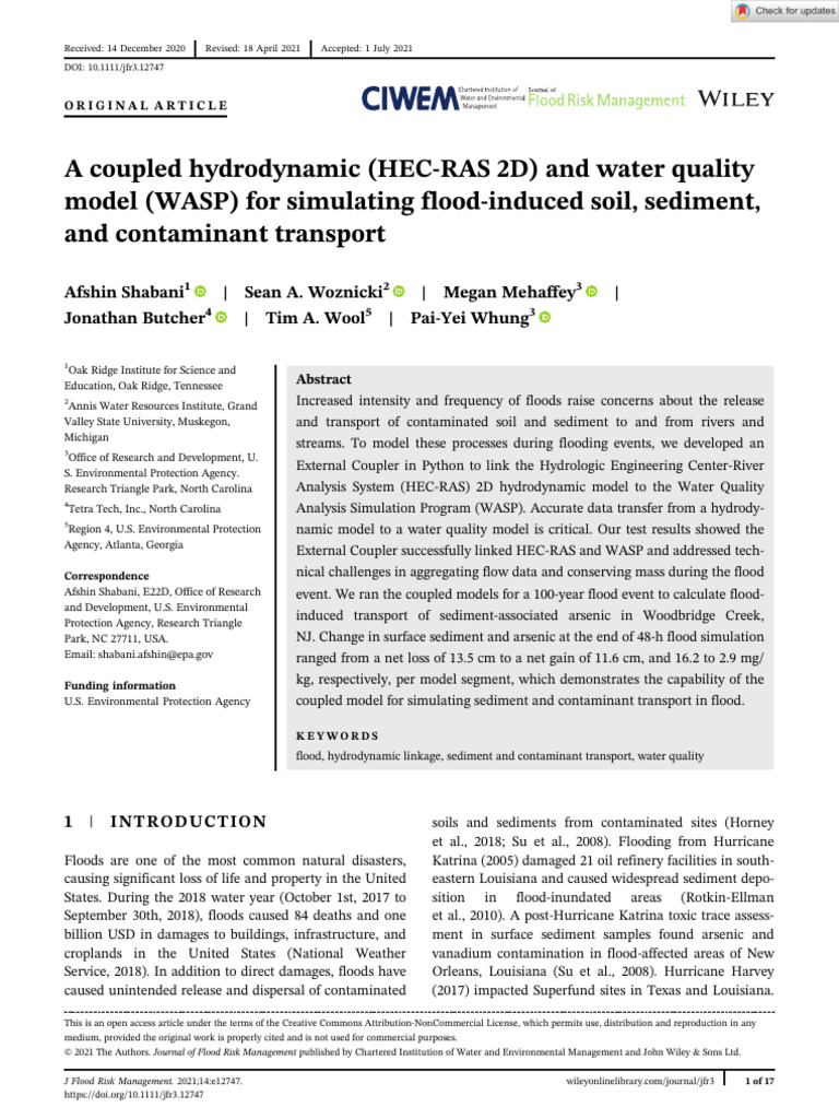 J Flood Risk Management - 2021 - Shabani - A Coupled Hydrodynamic HEC RAS 2D and Water Quality ...